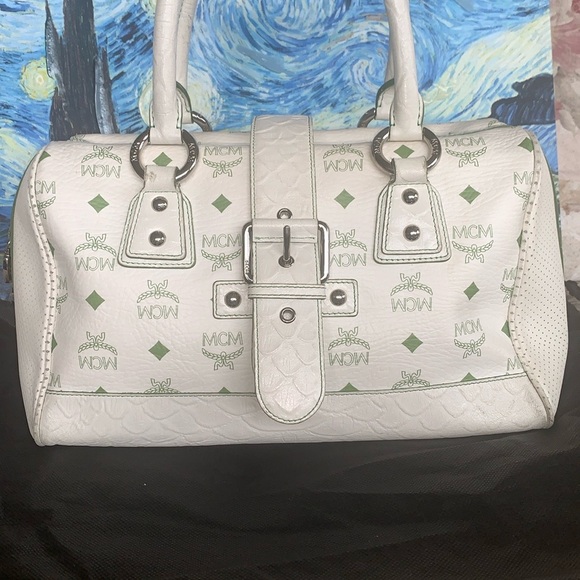 MCM | Bags | Mcm White And Green Satchel With Monogram Design Boston ...